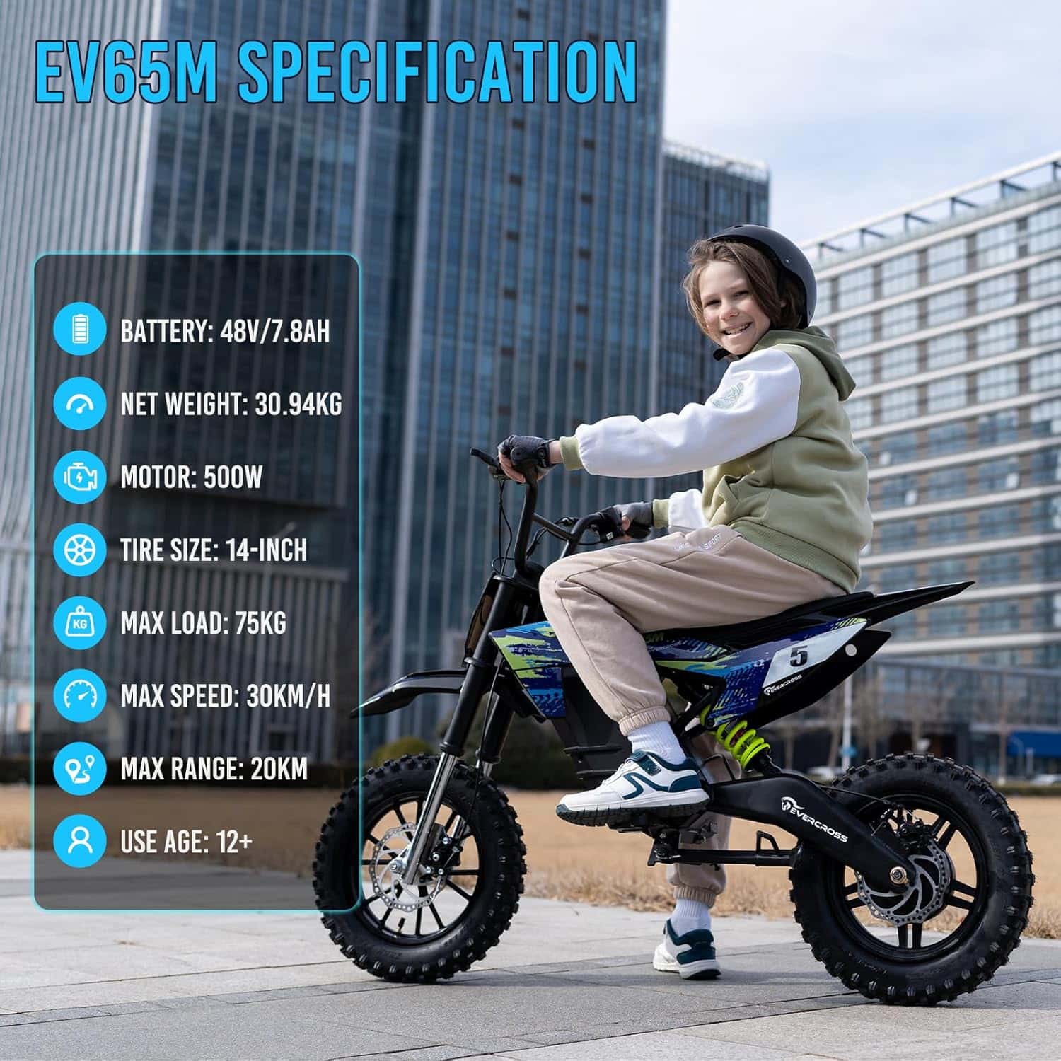 EV65M – Motocross électrique enfant 500W, 30 km/h, 12+ ans